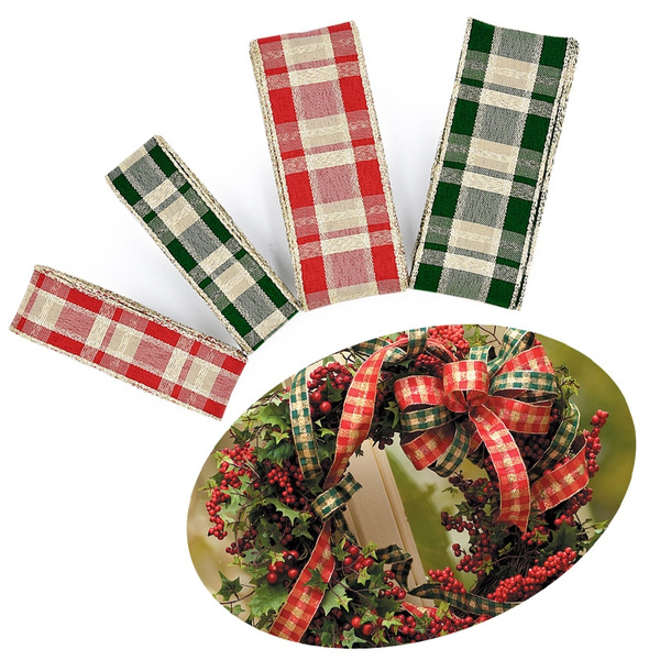 Golden Red Plaid Ribbon Christmas Gift Decoration Yarn-dyed Jacquard Ribbon Wire Edge Ribbon ...