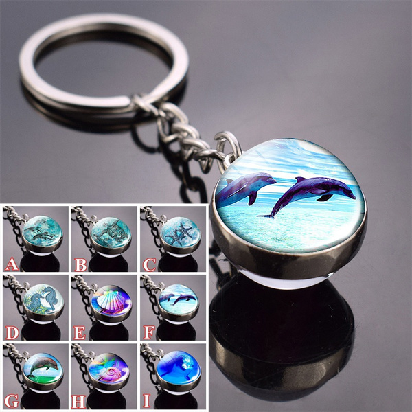 Marine Life Jewelry Sea Turtle Dolphin Seashells Keychain Keyring Glass ...