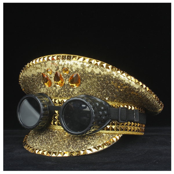 Fashion Men Women Gold Police Hat With Black Metal Classes Military Hat ...