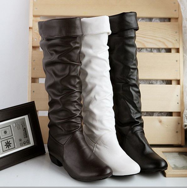 Winter Women Long Boots Fashion Ladies Low Heel Leather Boots Plus Size ...