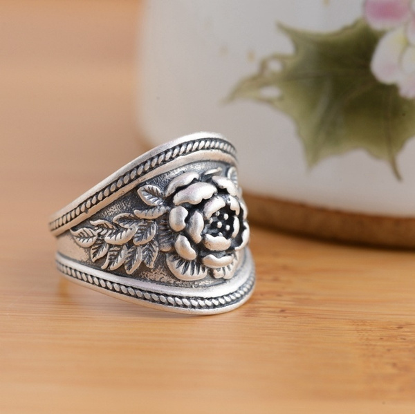 Women Vintage 925 Sterling Silver Big Rose Flower Rings | Wish
