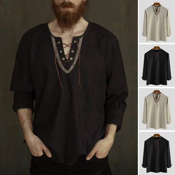 Mens Cotton Linen Long Sleeve Lace Up Medieval Ancient Shirt | Wish
