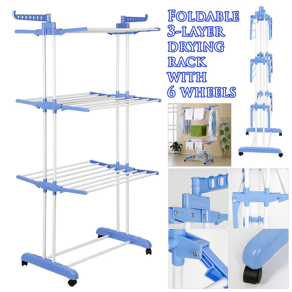 Foldable Three-Layer Drying Rack With Adjustable Portable Rolling Wheel ...
