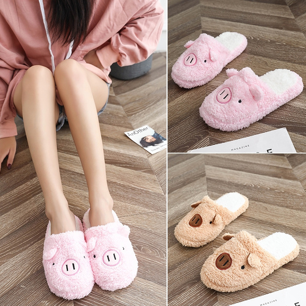 Women's Cute Pig Soft Slippers Outdoor House Fur Lined Winter Slippers ...