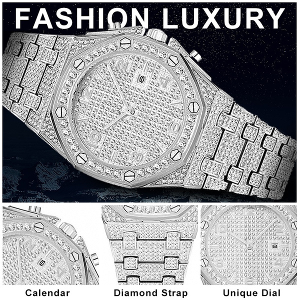 New Gold Full Diamond Watch TOP Luxury Waterproof Men's Quartz ...