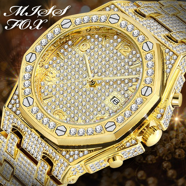 New Gold Full Diamond Watch TOP Luxury Waterproof Men's Quartz ...