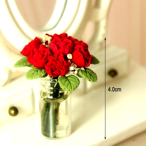 Miniature Red Rose in Glass Vase Pot Dolls House Bunch Flowers Ornament ...