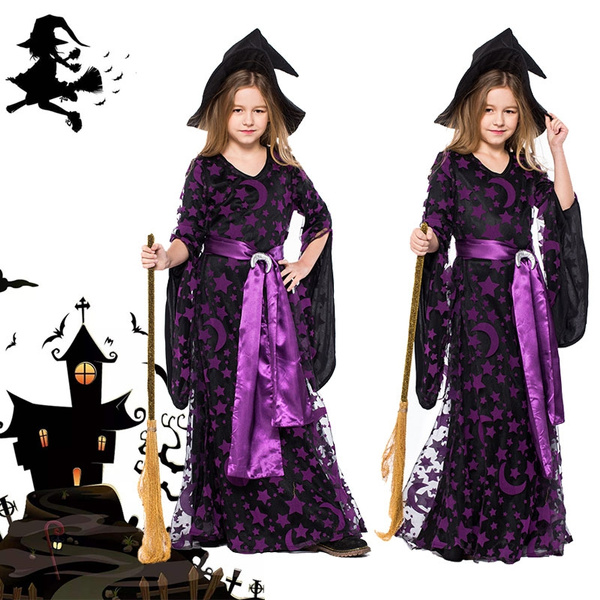 Kids Purple Magic Witch Dress Halloween Cosplay Costume Dress Girl ...
