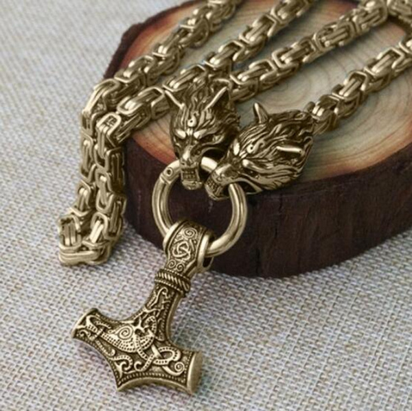 Men's Stainless Steel Emperor Chain Viking Wolf Head with Viking ...