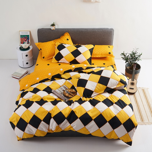 Yellow Black Grid pattern Blend cotton Bedding set Bedclothes Duvet ...