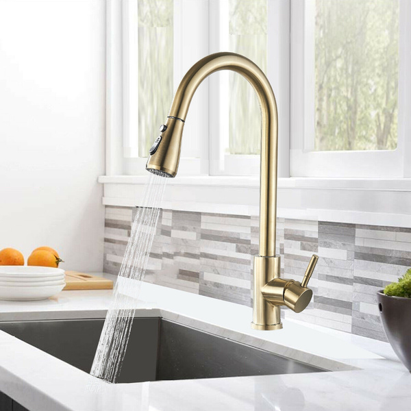Brass Kitchen Sink Faucet 360° Rotation Single Handle Pull Out Spray ...