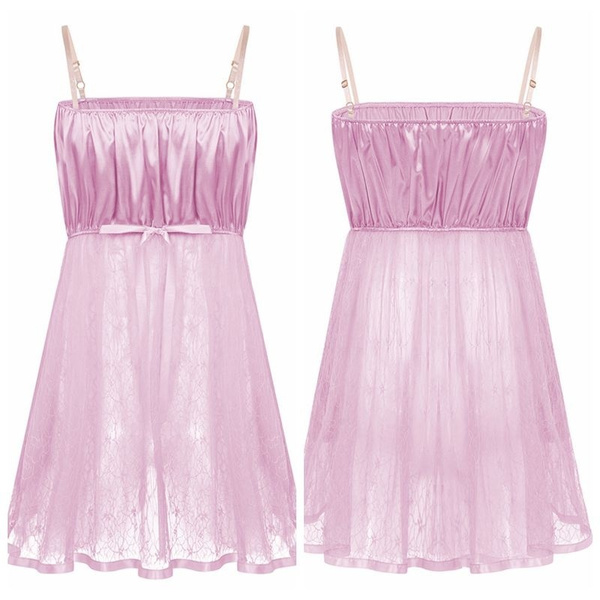 Sissy Men Adult Satin Frilly Sheer Spaghetti Shoulder Dress Pajamas ...