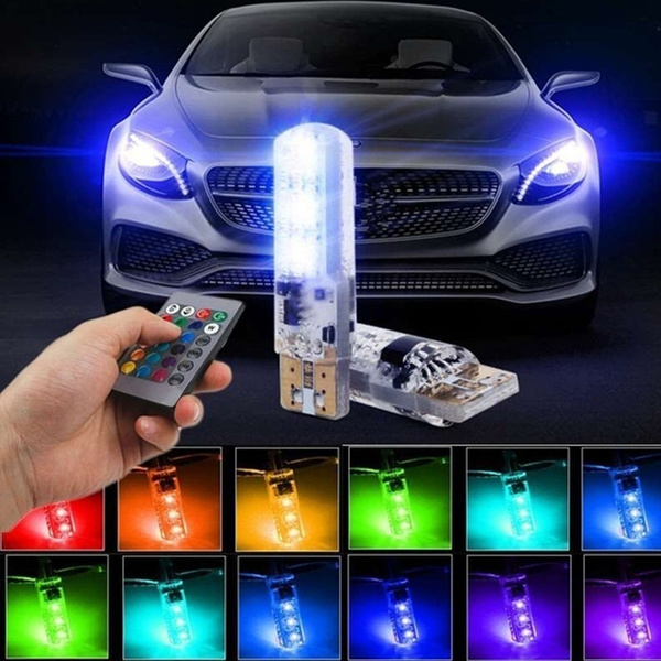 2x T10 Waterproof W5w 501 Car Wedge Side Light Bulb-6SMD 5050 RGB 7 Color LED Remote Control (NO ...