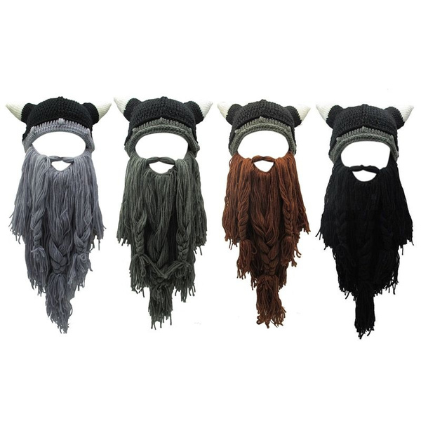 Adult Crazy Funny Halloween Cosplay Knitted Viking Beard Horn Hat Ski ...