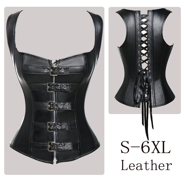 Women Leather Slim Boned Bodyshaper Black Bustier Corset+ G-String Slim ...