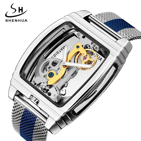 SHENHUA Luxury Automatic Mechanical Watch Men Steampunk Skeleton Self ...