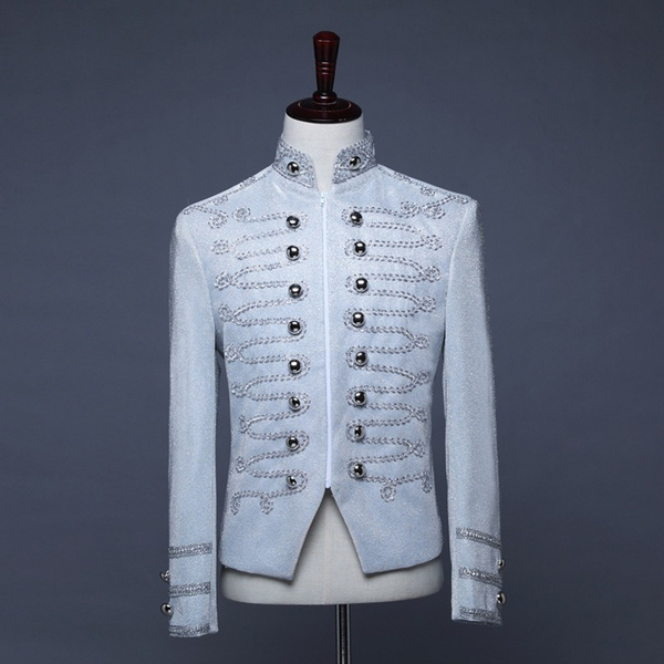 Mens White Silver Slim Fit Suit Jacket Artillery Tunic Blazer Drummer ...