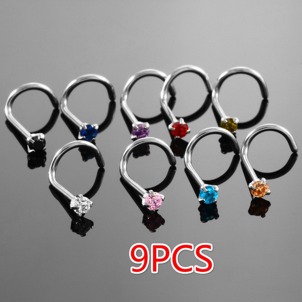 9PCS Screw Crystal Gem Nose Stud Stainless Steel Nose Piercing CZ Gem ...