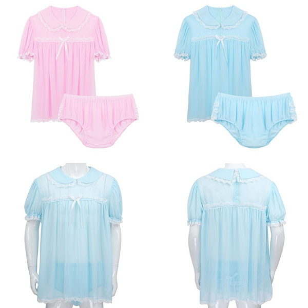 Men Satin Pajamas Set Silky Lace Sissy Frilly Crossdress Maid Dress ...