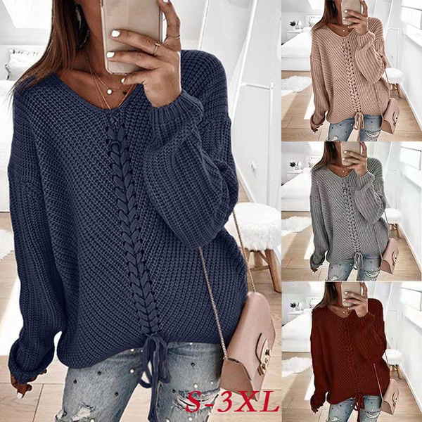 Women's Long Sleeve Soft Pullover Sweater Solid Casual Jumpers Sweater ...