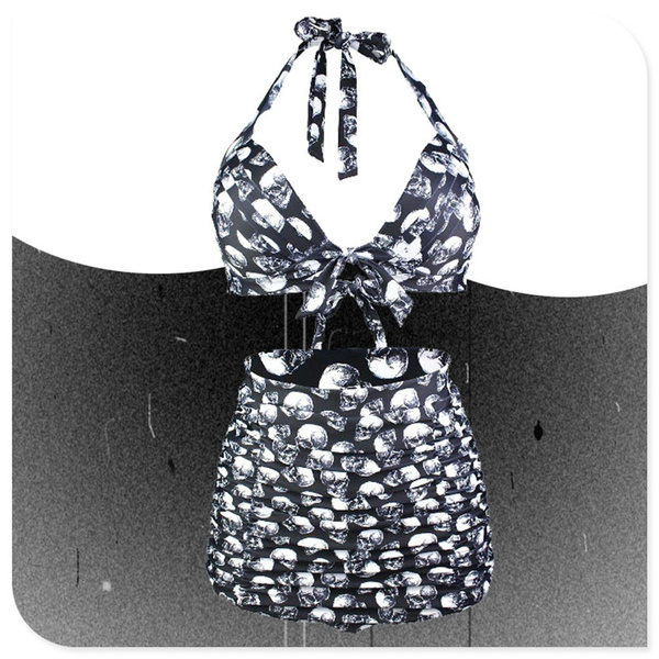 Plus Size Skull Printed Halter Neck Slimming High Waist Black and White ...