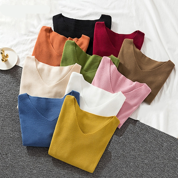 Autumn Sweater Women Pullover Elastic Knitted Jumper Long Sleeve V-neck ...