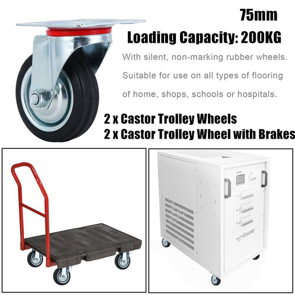 75MM 200KG Heavy Duty Rubber Castor Trolley Wheel Industrial Caster Set ...