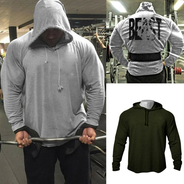 Men's Fitness Gym Front Back Print Beast Bodybuilding Raglan Hoodies ...
