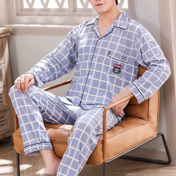 Autumn and Winter Men Plaid Pajamas Two Pieces Set Long Sleeve ...