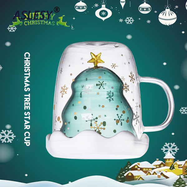 Christmas Tree Wishing Star Latte Coffee Mug Double Wall Glass 3D ...