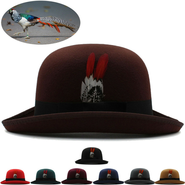 Adults Felt Bowler Hat Oval Top Sunhat Feather Band UK Size L US Size 7 ...