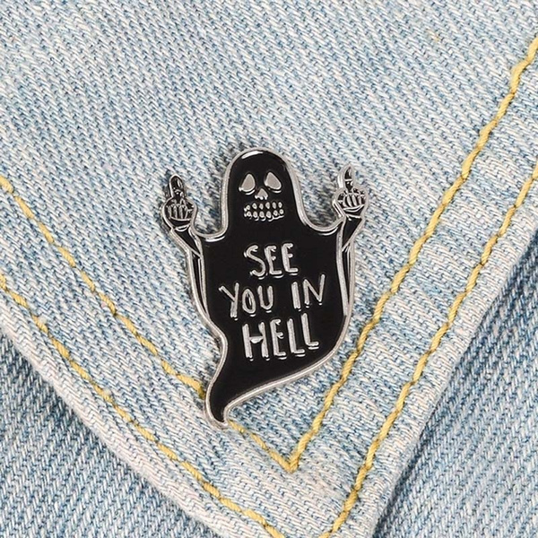 See You In Hell Enamel Pin Middle Finger Ghost Halloween Horror Pins ...
