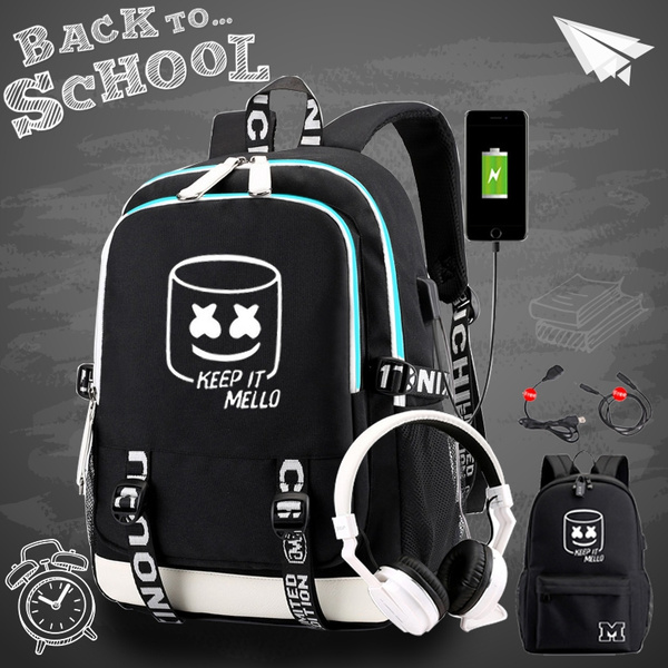 DJ Marshmello Boy Girl Luminous Backpack Anti-theft USB Charging Travel ...