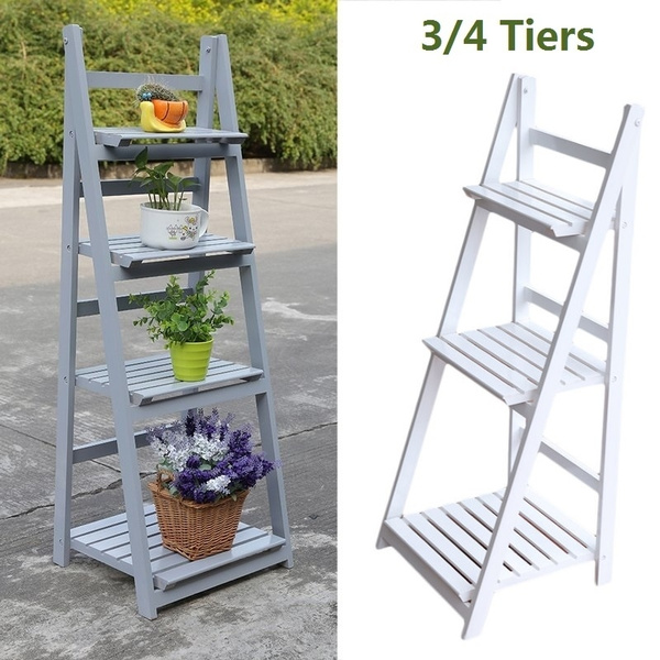 3/4 Tiers Display Rack Solid Wood Folding Ladder Racks Pure White ...