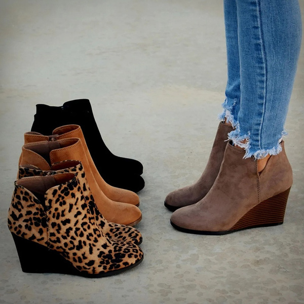 Autumn and Winter Women's Leopard Print Boots Wedge Platform Casual ...