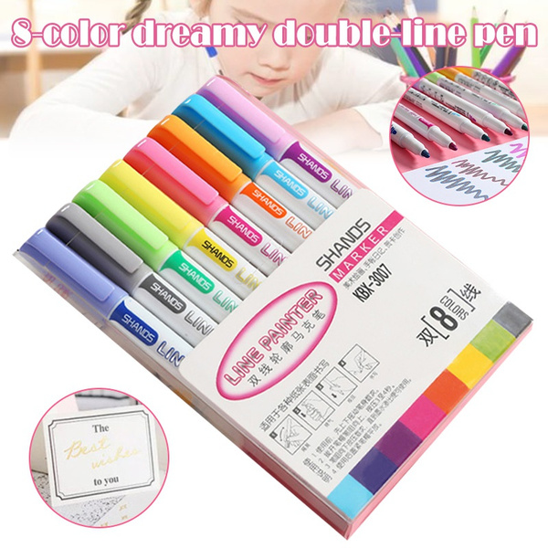 8 Pcs Double Line Contour Pen Color Marker Pen Student Marker ...
