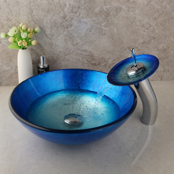Blue Bathroom Round Vessel Sink Set Basin Tempered Glass Bowl W/Chrome ...