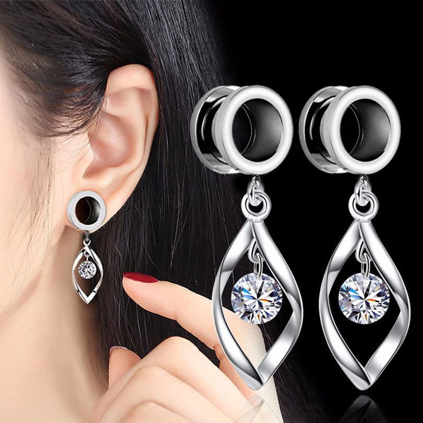 2 Pcs Stainless Steel Helix Crystal Pendant Ear Tunnel Plugs and Gauges ...