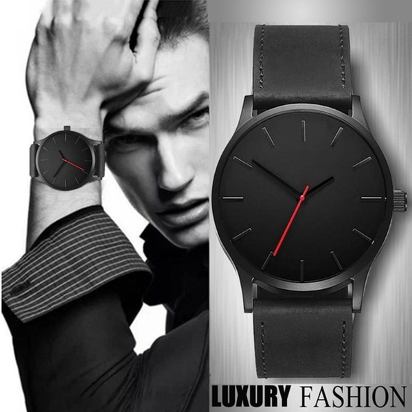 Men'S Business Big Round Elegant Watch Leather Strap Quartz Sports ...
