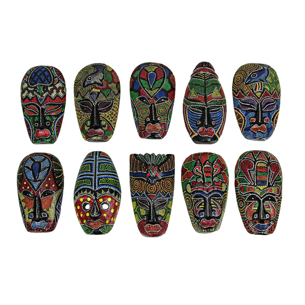 Set of 10 Hand Carved Indonesian Dot Painted Tribal Wall Masks Unique 6 ...