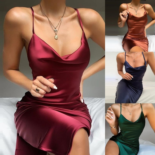Women Fashion Sexy Plunge Neck Satin Mini Sleeveless Dress Wish