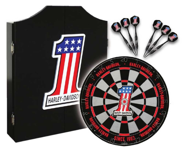 Harley-Davidson #1 Racing Logo Dart Board Kit – Black Wooden Cabinet ...