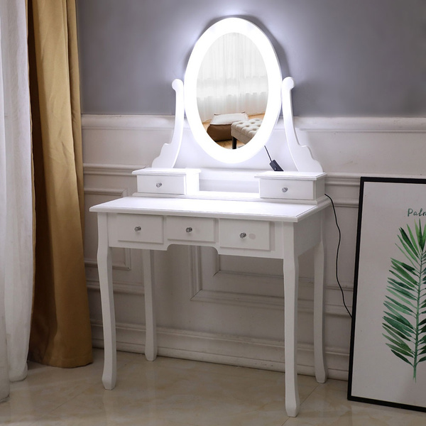 White Makeup Vanity Table Set with 10 Lights Mirror and 5 Drawers Dressing Desk Wish