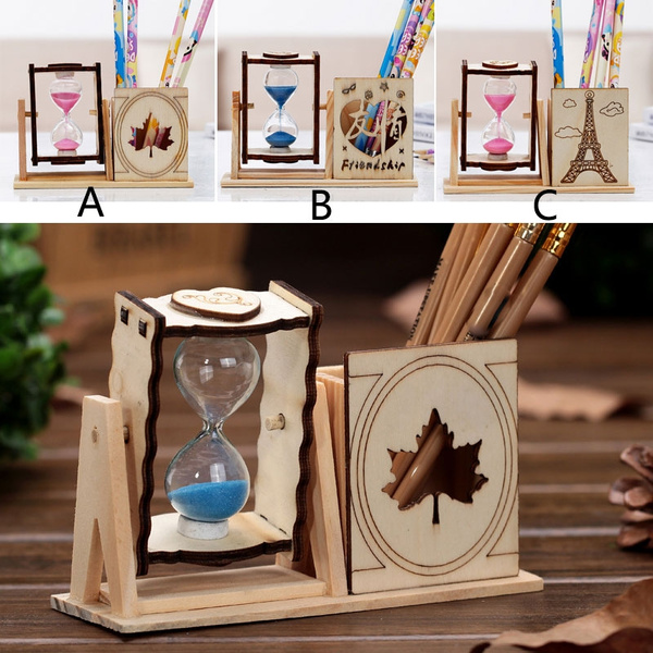 1pcs Wood Sand Glass Hourglass Timer Clock with Pen Holder Home Office ...
