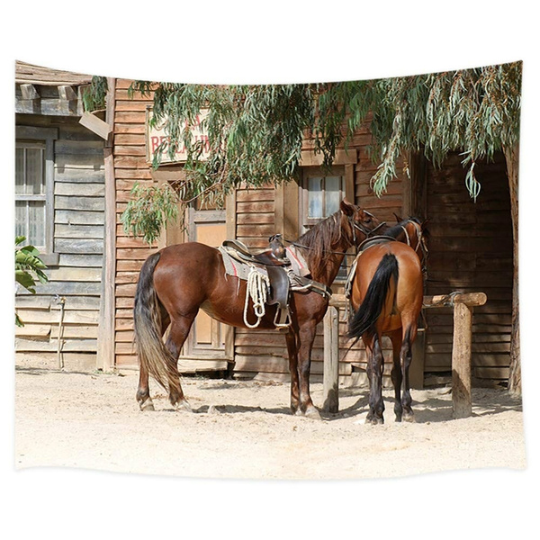 Farm Animals in Traditional American Western Town Horse Tapestry Rustic ...