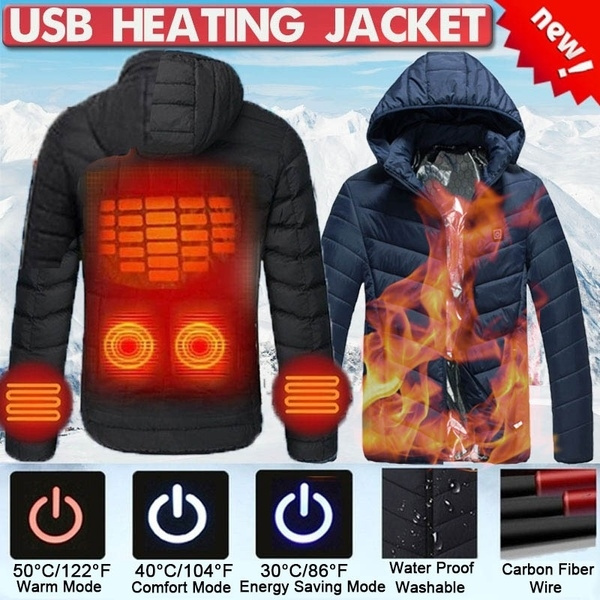 New Upgrade Mens Winter Heated USB Hooded Work Jacket Coats Adjustable ...