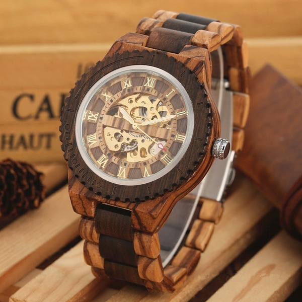 Men's Wooden Automatic Watch Classic Retro Wooden Mechanical Watch Men ...