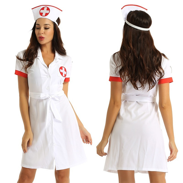 Women Adults Sexy Nurse Fancy Dress Costume Outfit Button Down Uniform ...