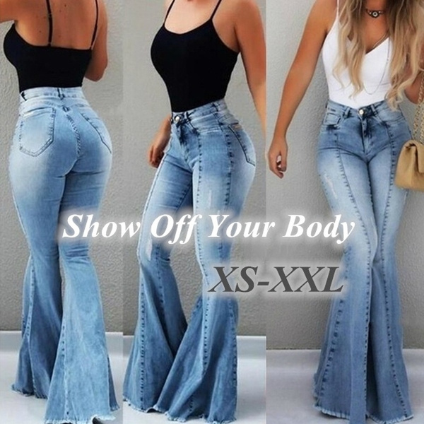 New Women Fashion Retro High Waist Elastic Flare Jeans Wide Leg Denim Pants Female Bell Bottom
