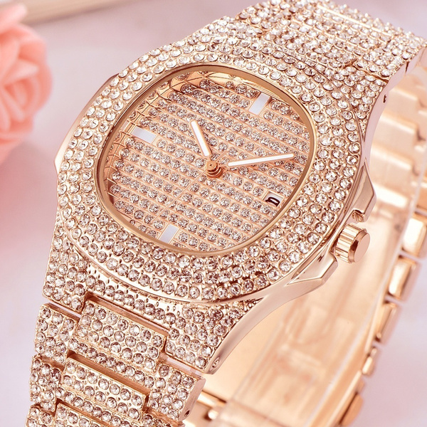 Hip Hop Watch Bling Diamond Calendar Watch Men Women Silver Steel Band ...